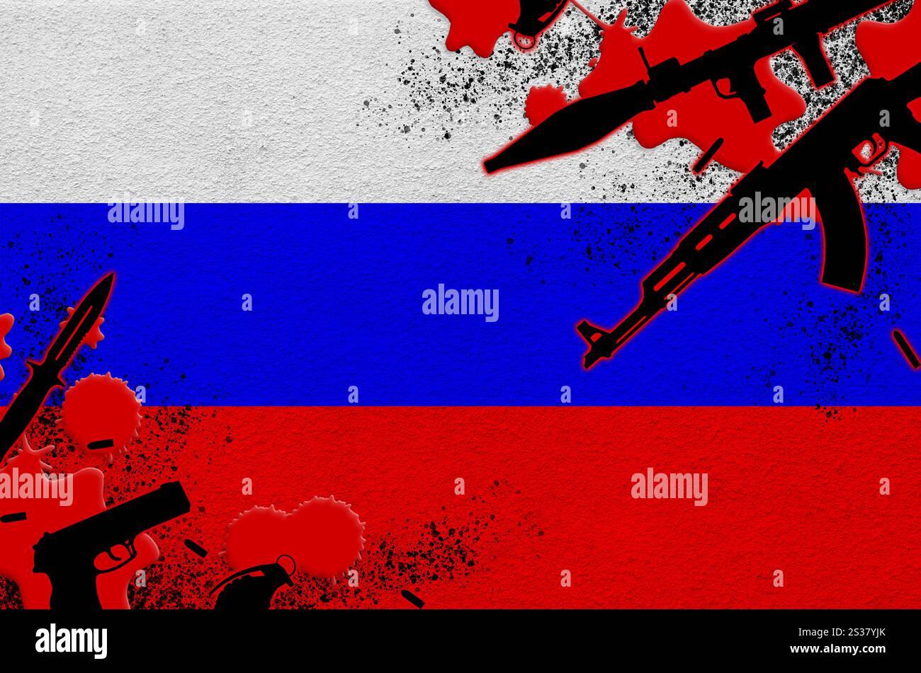 Russia flag and various weapons in red blood. Concept for terror attack ...
