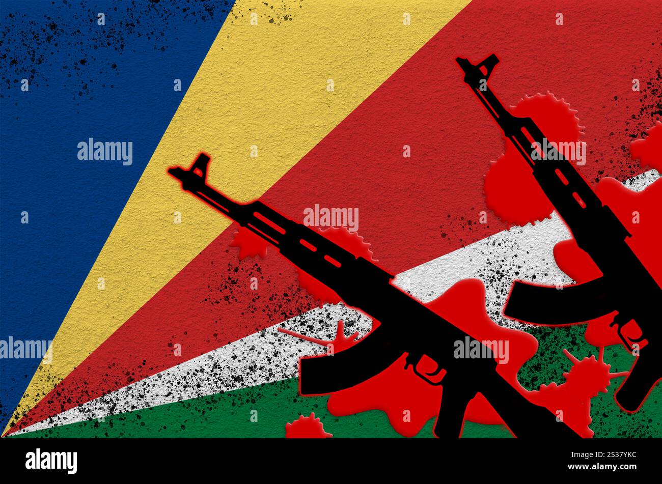 Seychelles flag and two black AK-47 rifles in red blood. Concept for ...