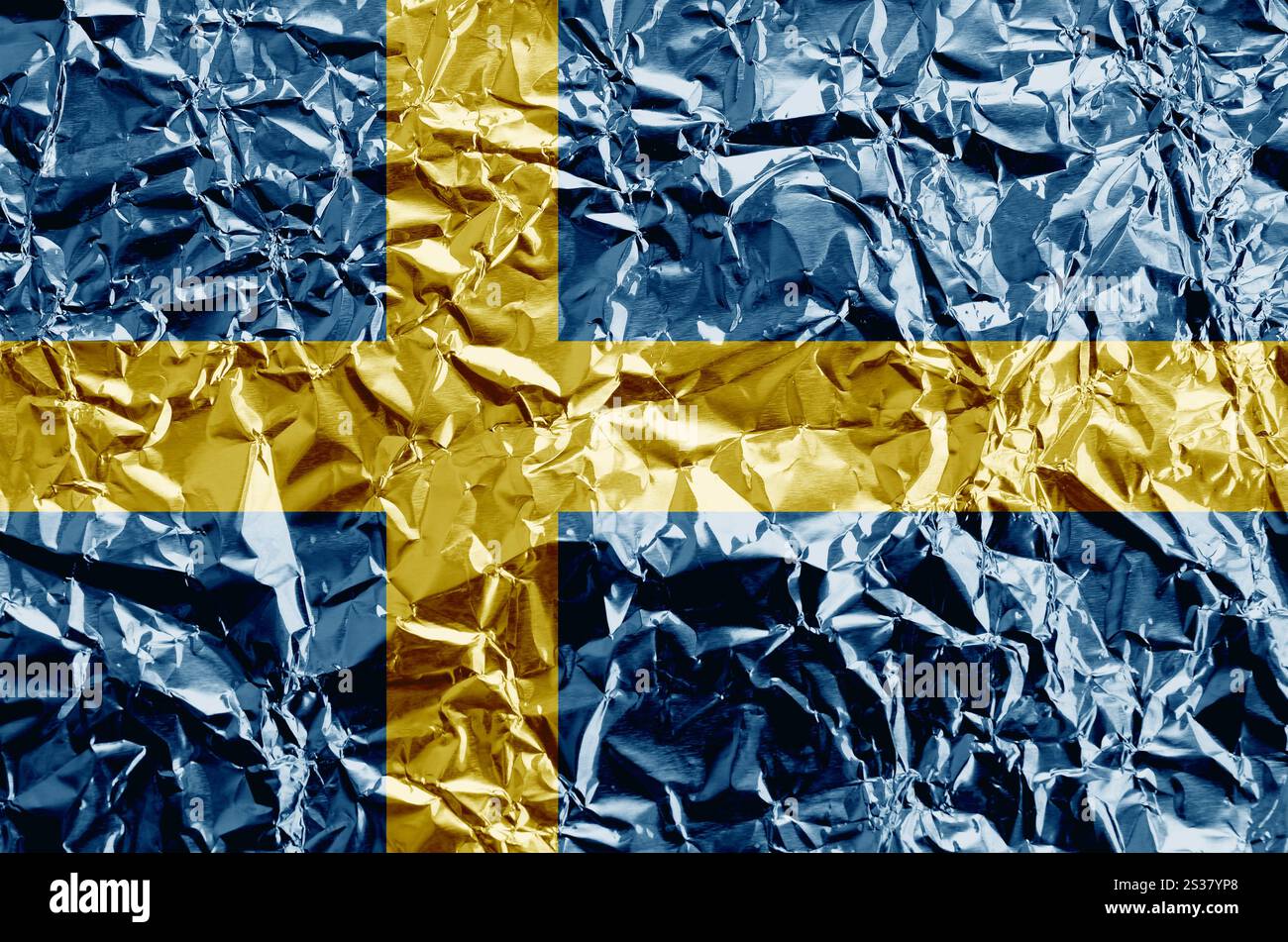 Sweden flag depicted in paint colors on shiny crumpled aluminium foil ...