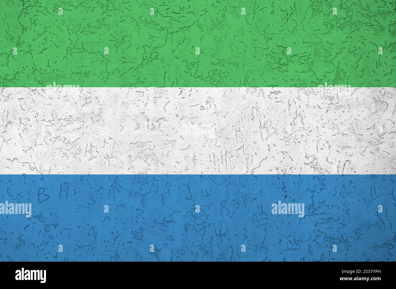 Sierra Leone flag depicted in bright paint colors on old relief ...