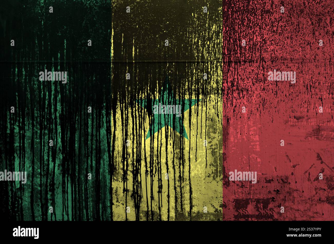 Senegal flag depicted in paint colors on old and dirty oil barrel wall ...