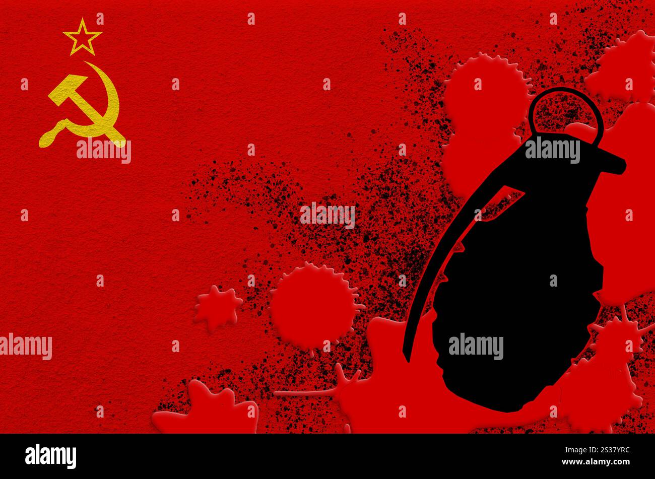 Soviet Union flag and MK2 frag grenade in red blood. Concept for terror ...