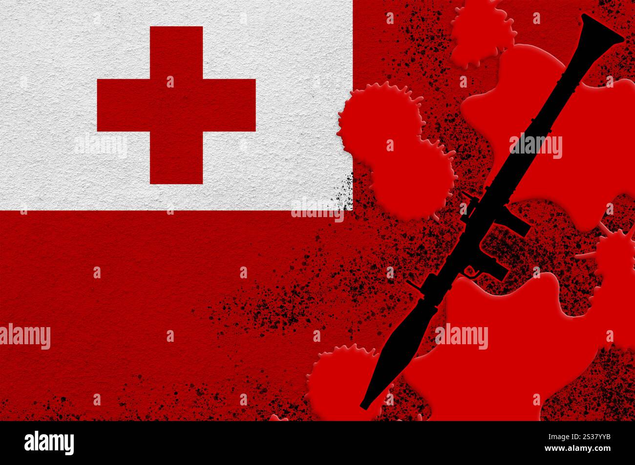 Tonga flag and black RPG-7 rocket-propelled grenade launcher in red ...