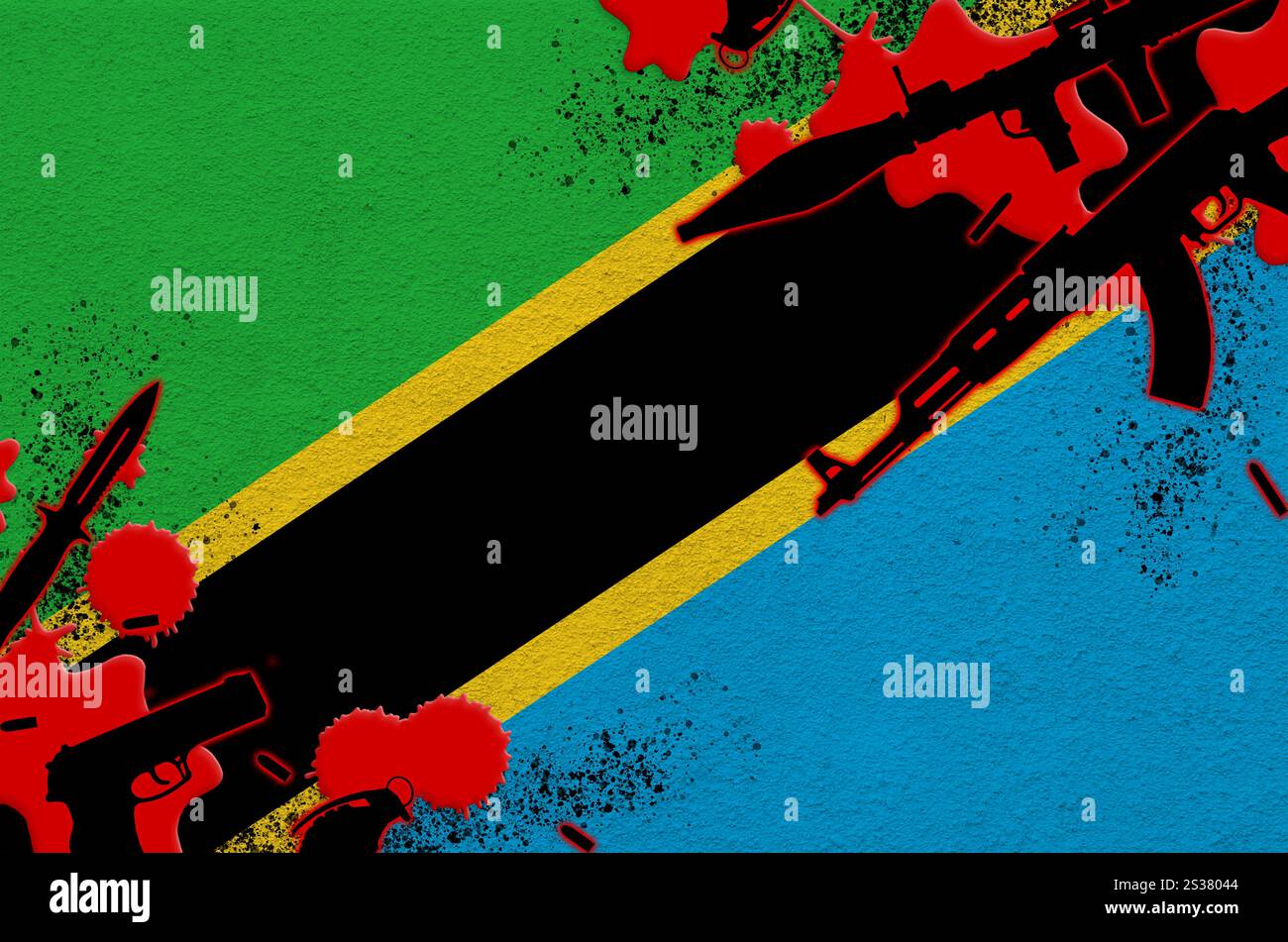 Tanzania flag and various weapons in red blood. Concept for terror ...