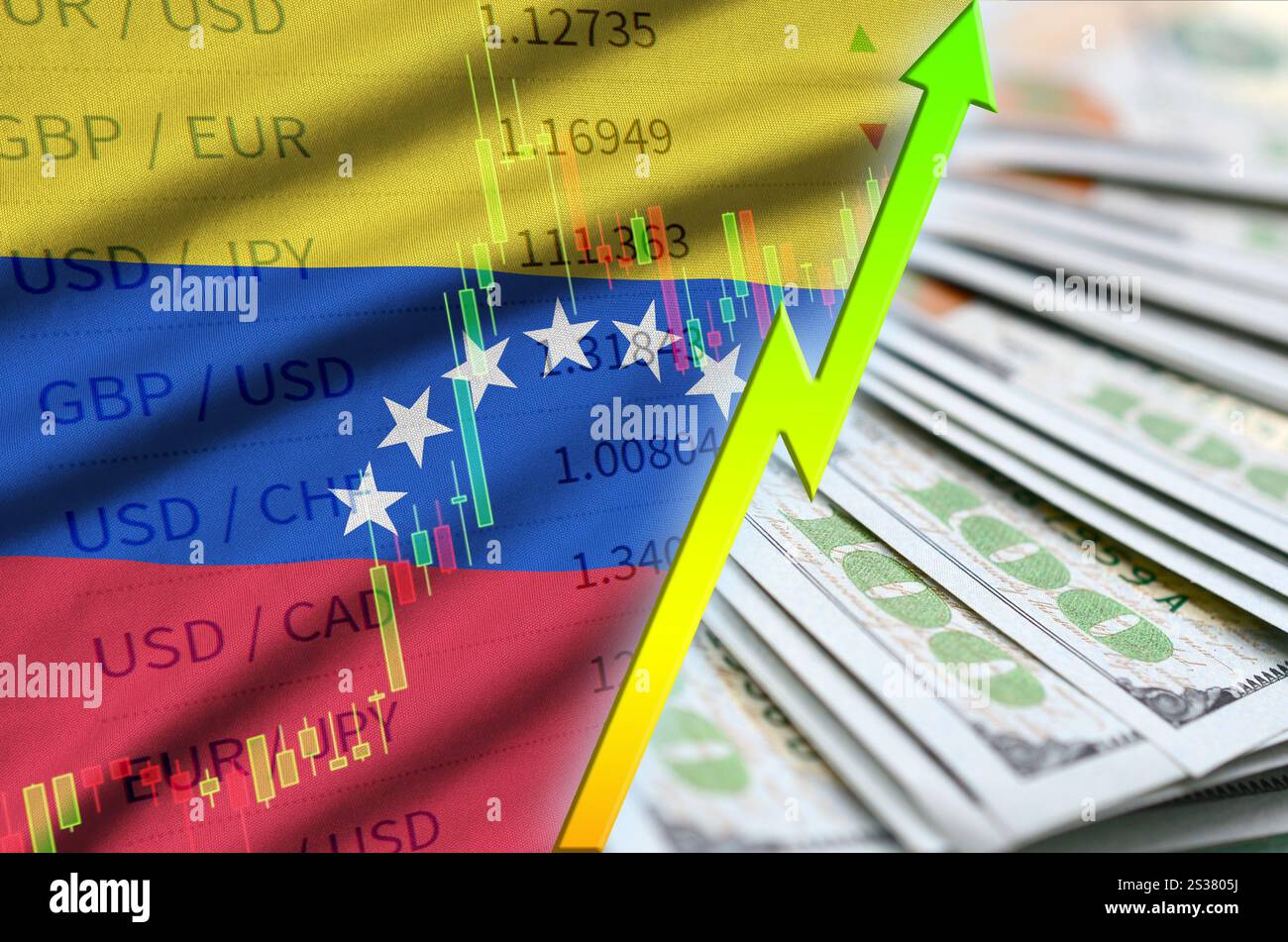 Venezuela flag and chart growing US dollar position with a fan of ...