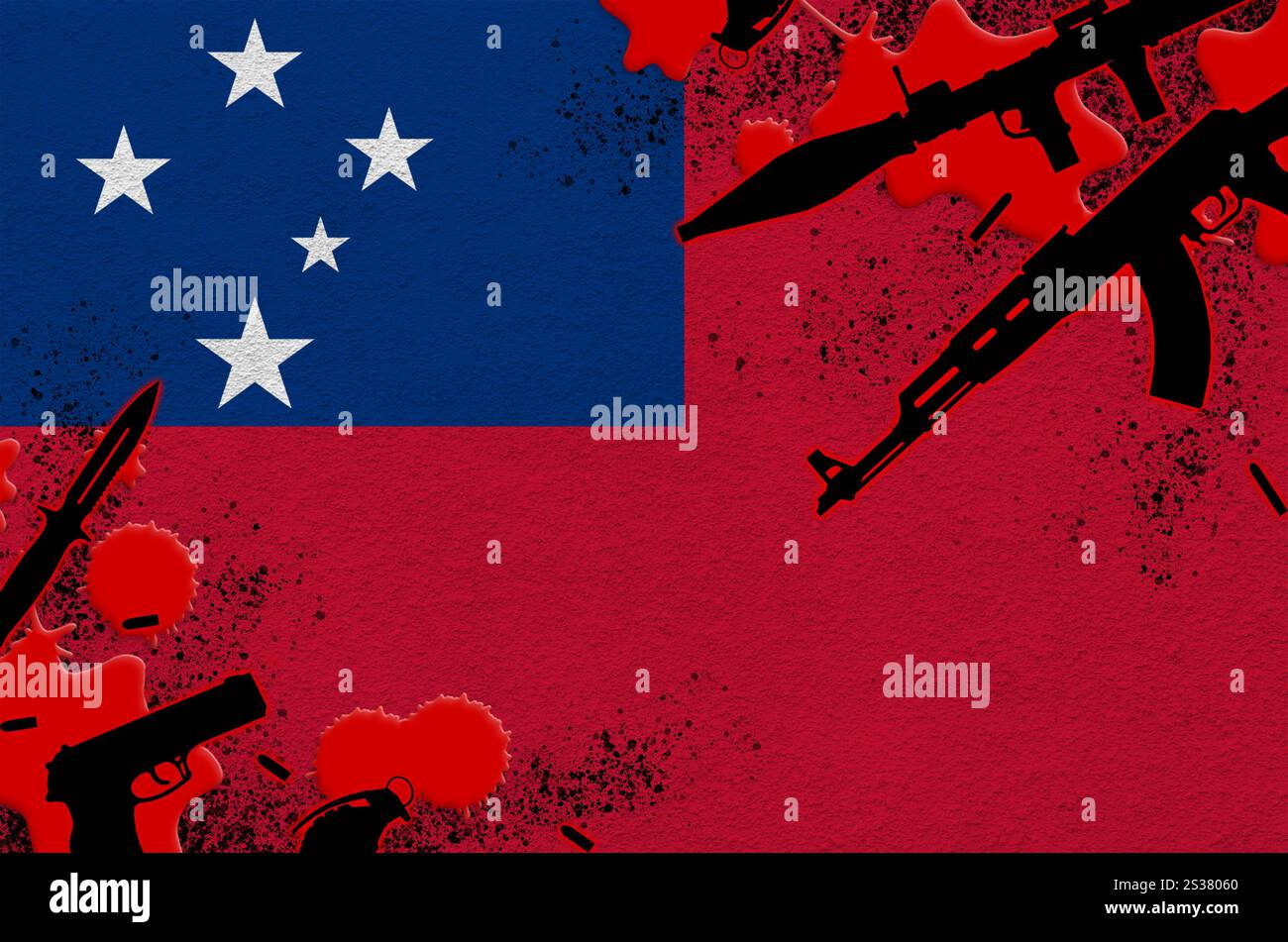 Samoa flag and various weapons in red blood. Concept for terror attack ...