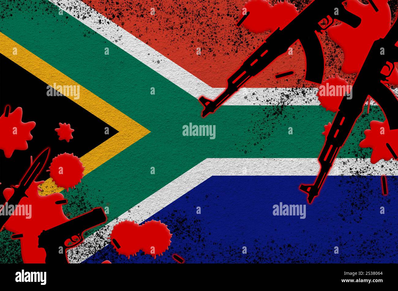 South Africa flag and guns in red blood. Concept for terror attack and ...