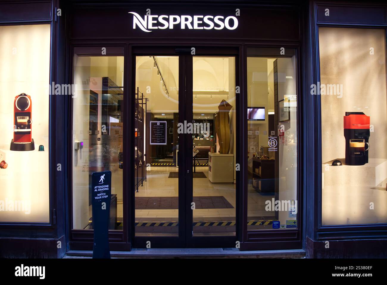 Italian Nespresso boutique shop front with espresso machines on display ...