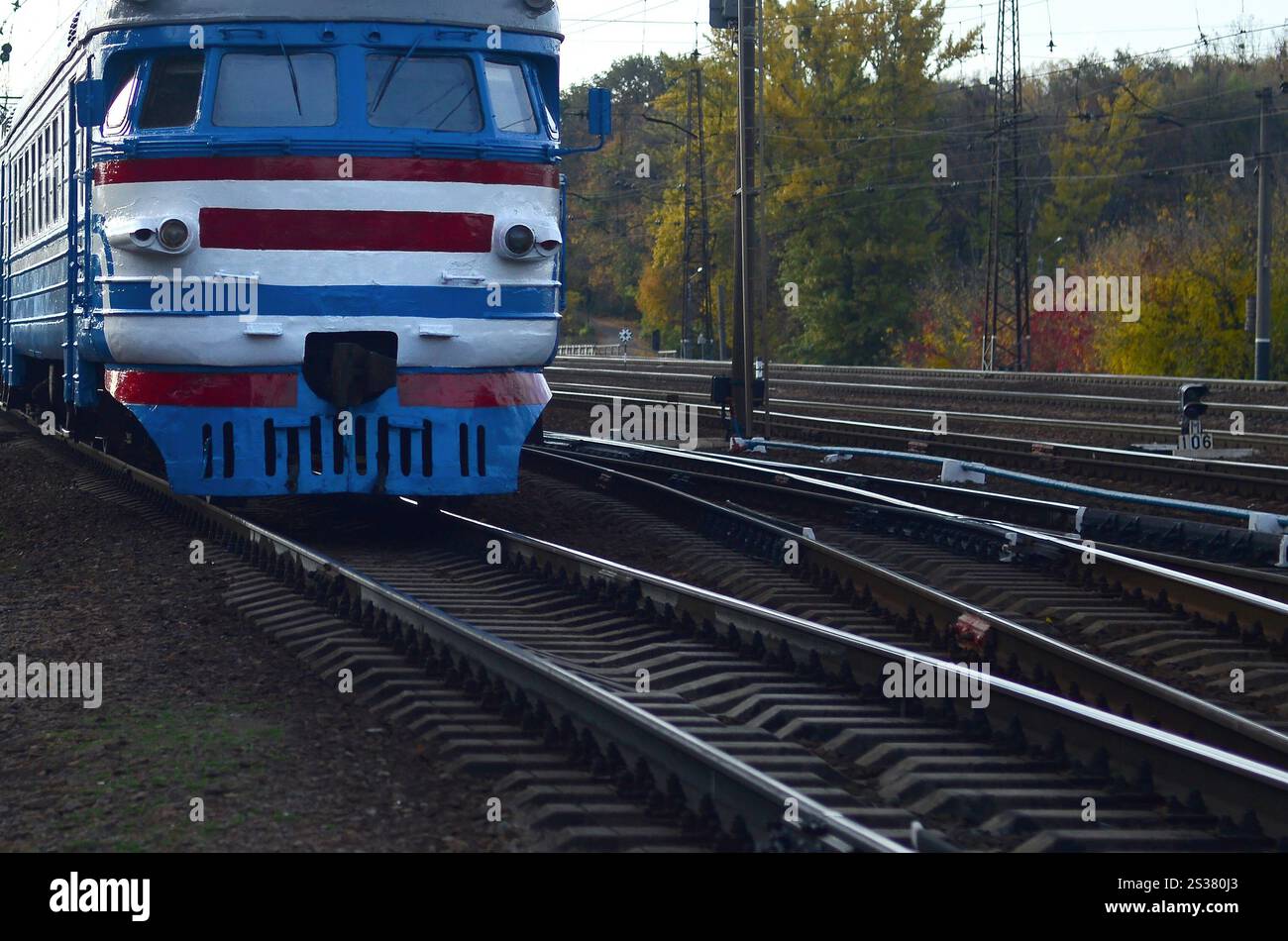 Suburban electric train. Old soviet electric train with outdated design ...