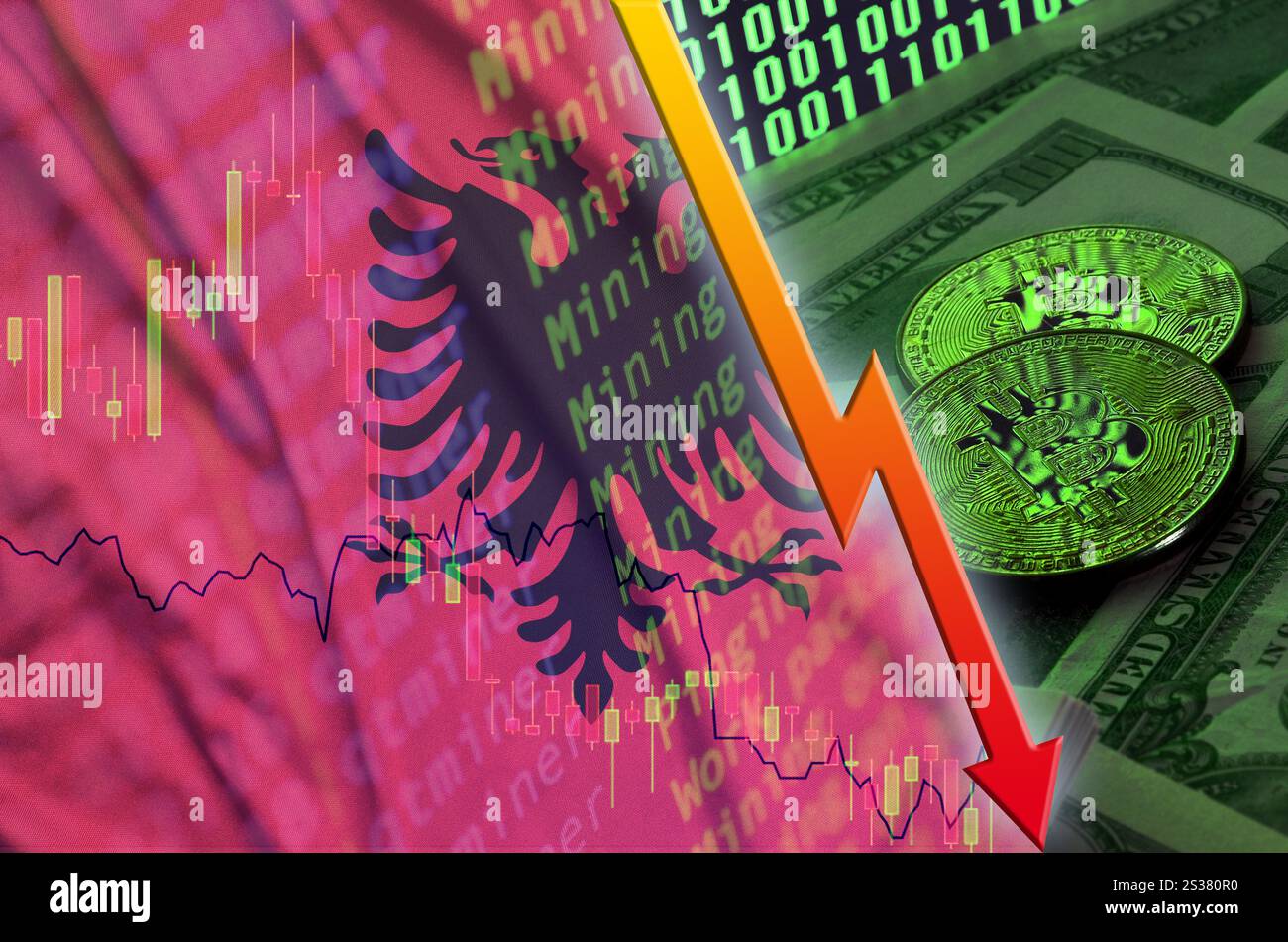 Albania flag and cryptocurrency falling trend with two bitcoins on ...