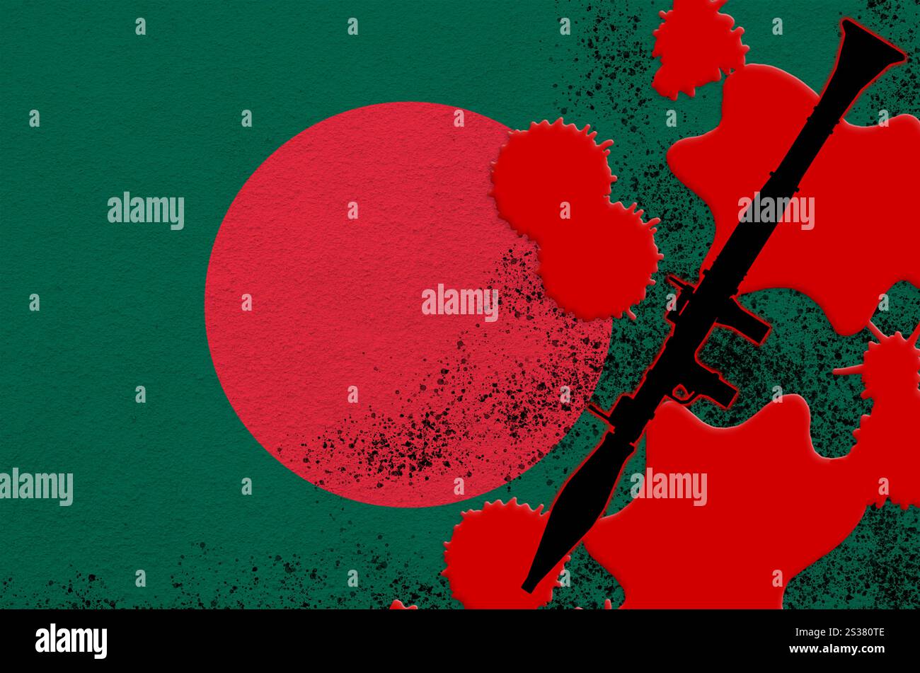Bangladesh flag and black RPG-7 rocket-propelled grenade launcher in ...