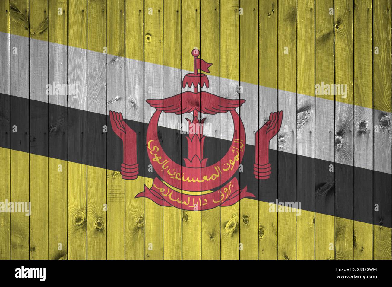 Brunei Darussalam flag depicted in bright paint colors on old wooden ...