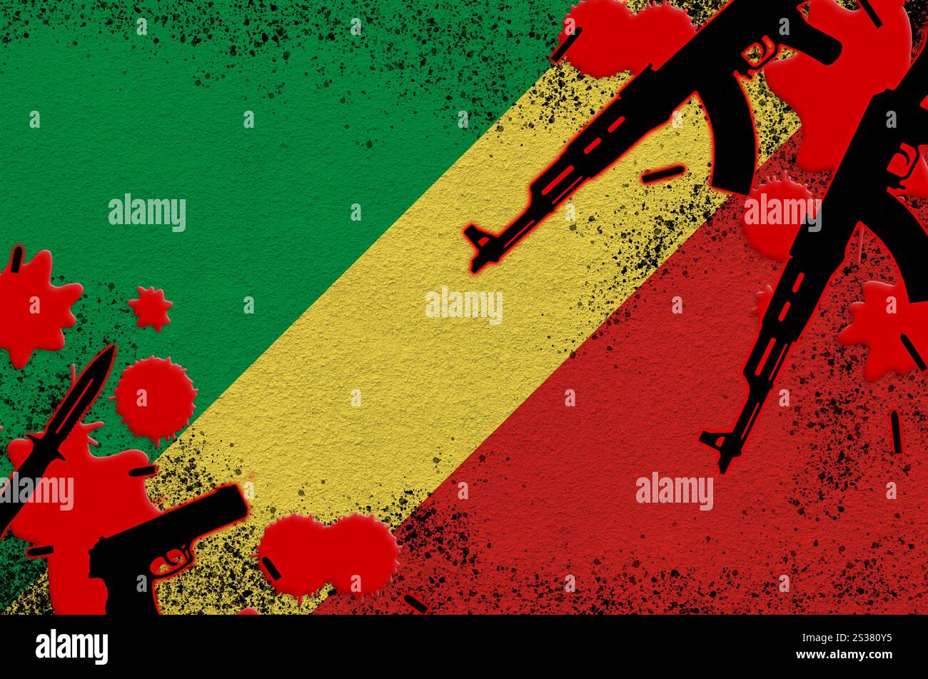 Congo flag and guns in red blood. Concept for terror attack and ...