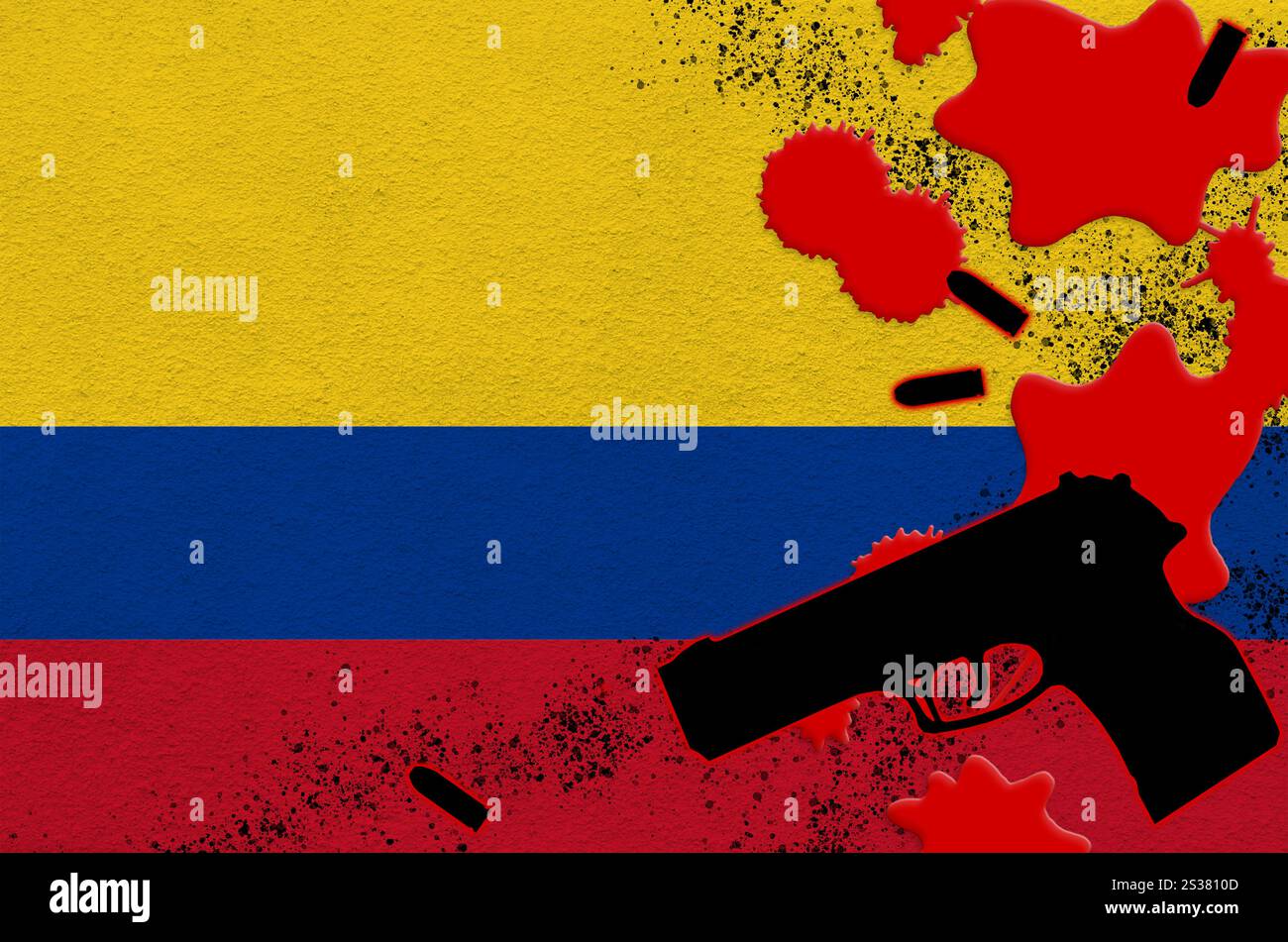 Colombia flag and black firearm in red blood. Concept for terror attack ...