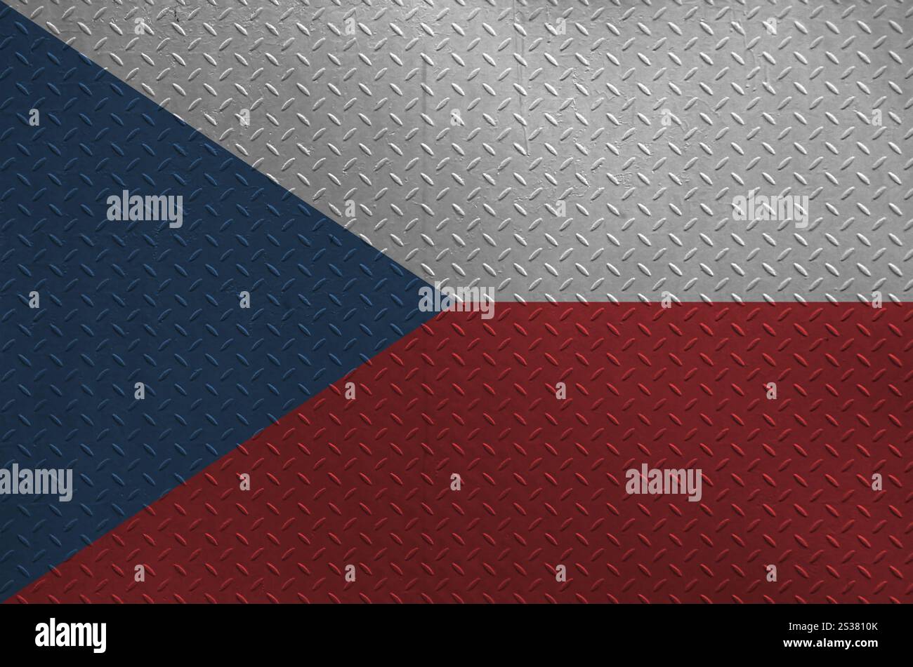 Czech flag depicted in paint colors on old brushed metal plate or wall ...