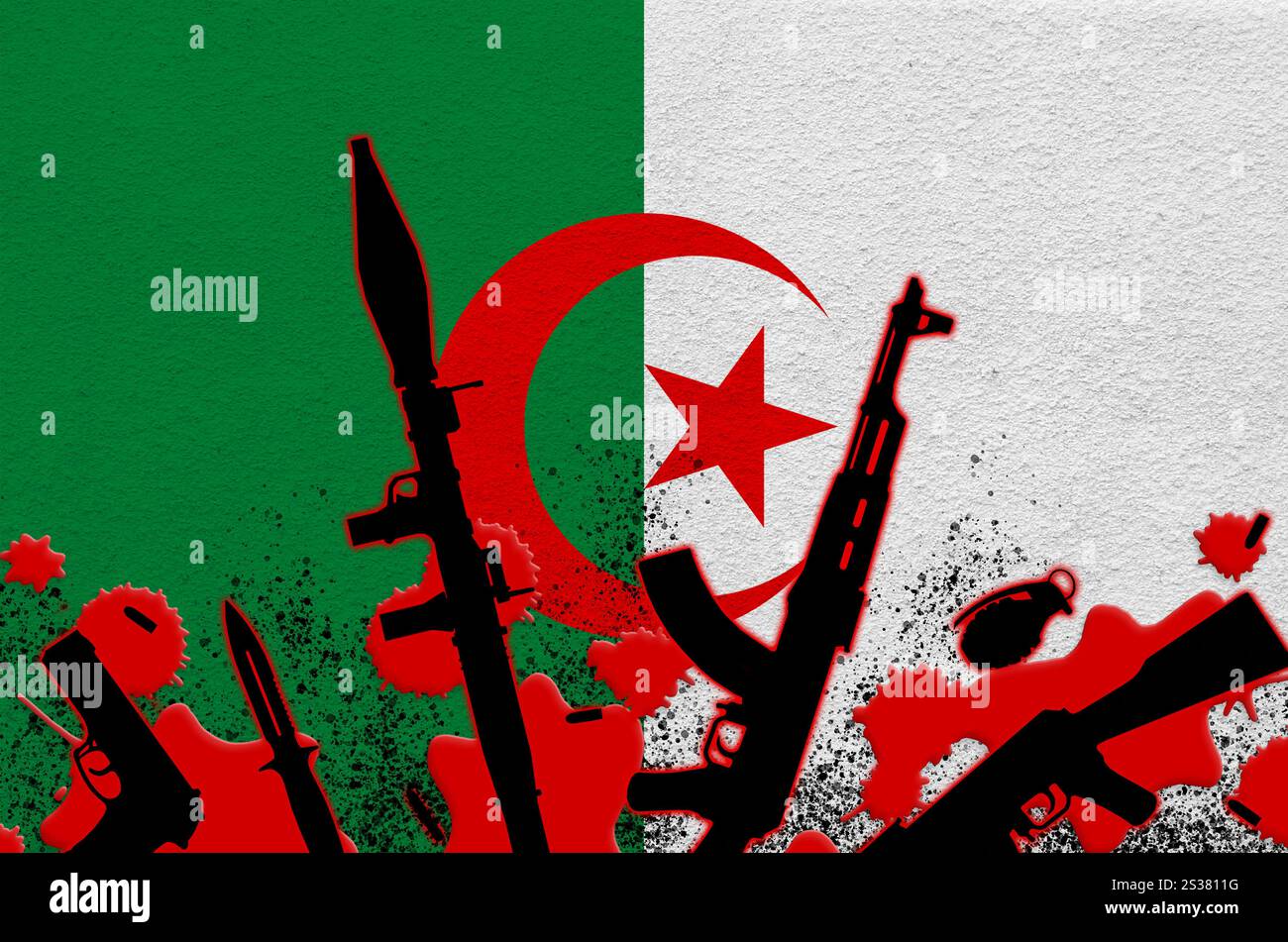 Algeria flag and various weapons in red blood. Concept for terror ...
