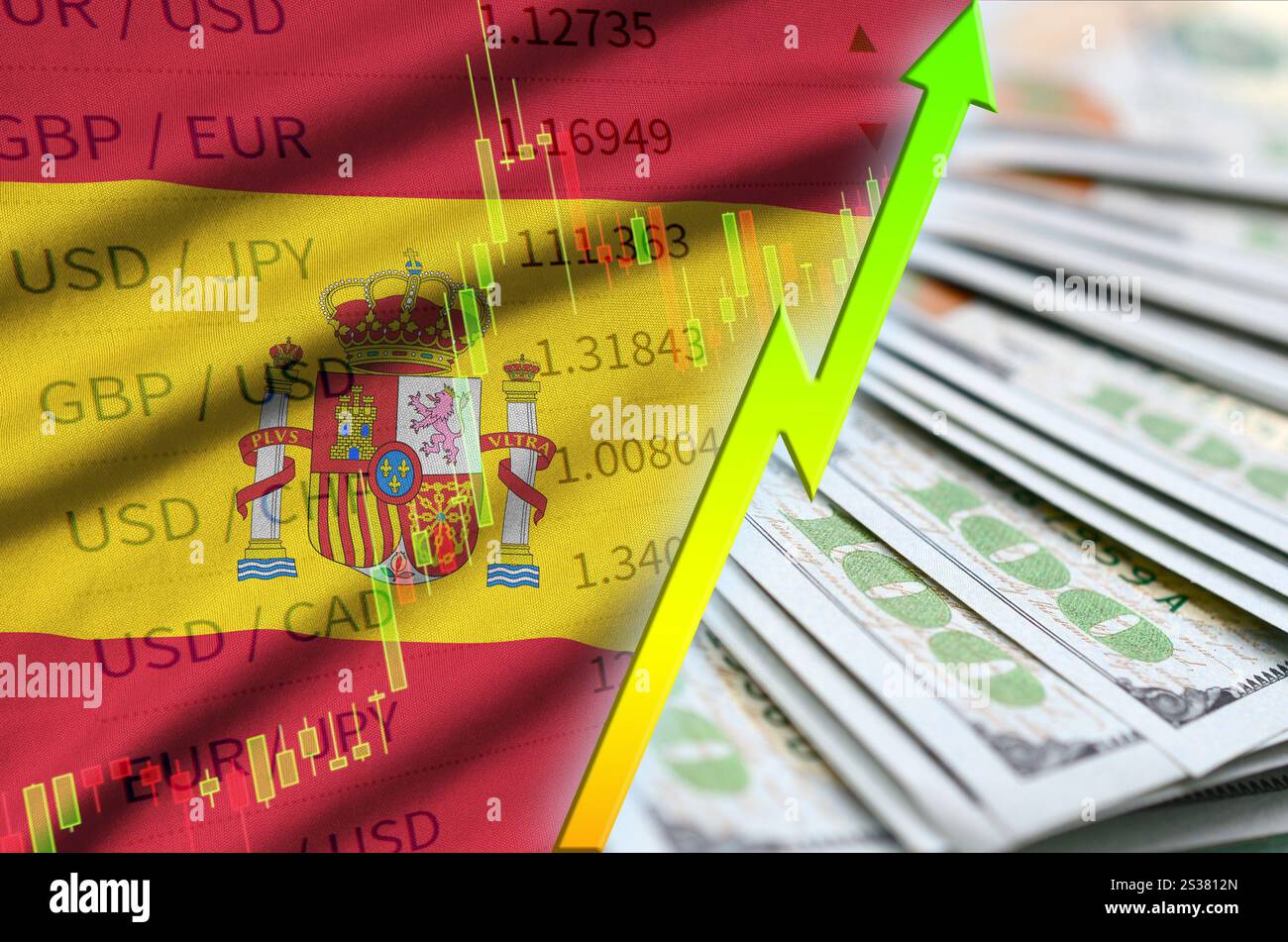 Spain flag and chart growing US dollar position with a fan of dollar ...
