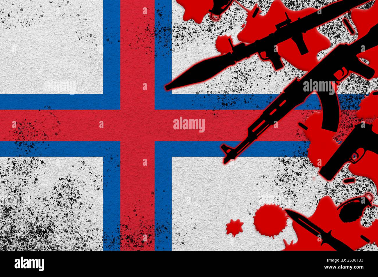 Faroe islands flag and various weapons in red blood. Concept for terror ...