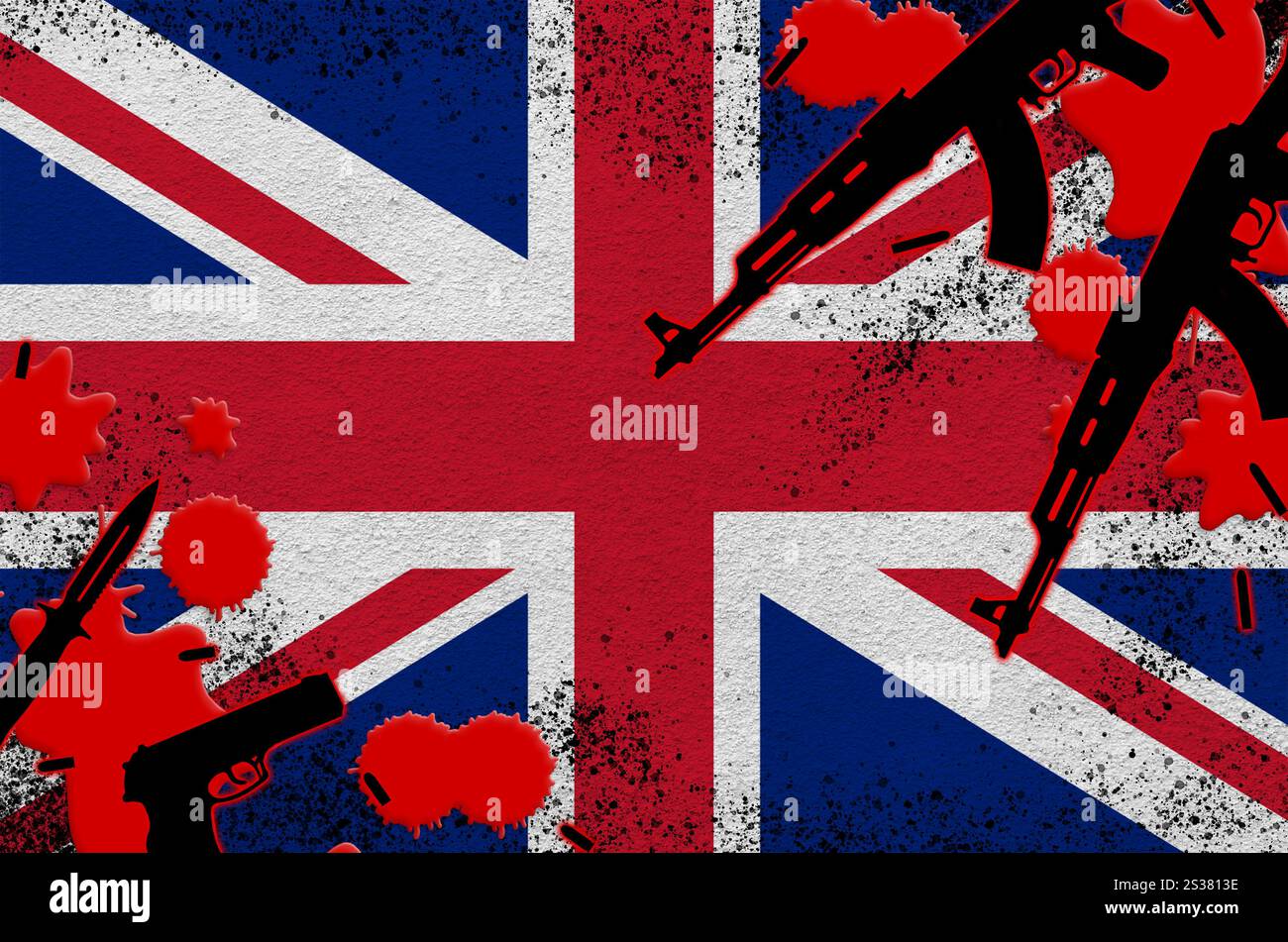 Great britain flag and guns in red blood. Concept for terror attack and ...