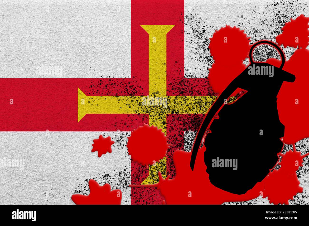 Guernsey flag and MK2 frag grenade in red blood. Concept for terror ...