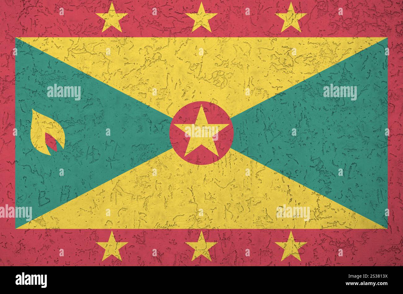 Grenada flag depicted in bright paint colors on old relief plastering ...