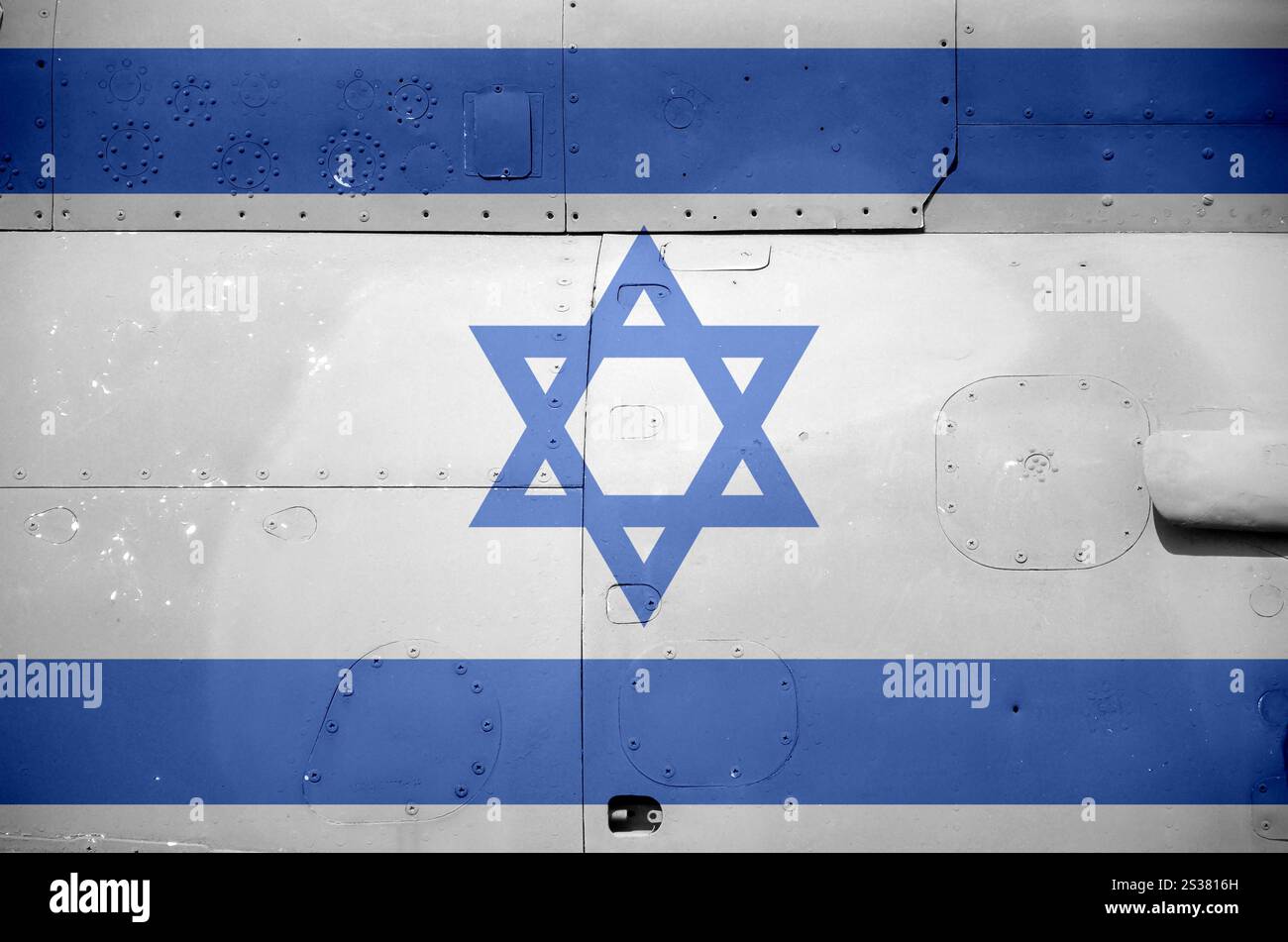 Israel flag depicted on side part of military armored helicopter close ...