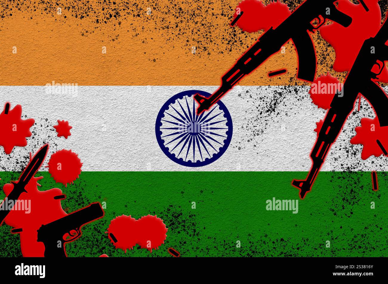 India flag and guns in red blood. Concept for terror attack and ...