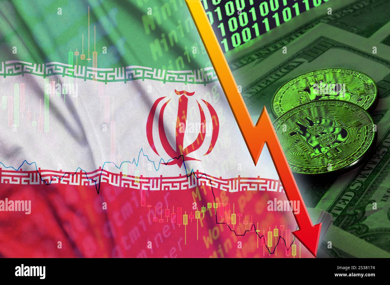 Iran flag and cryptocurrency falling trend with two bitcoins on dollar ...