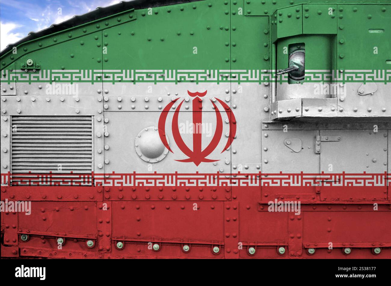 Iran flag depicted on side part of military armored tank close up. Army ...