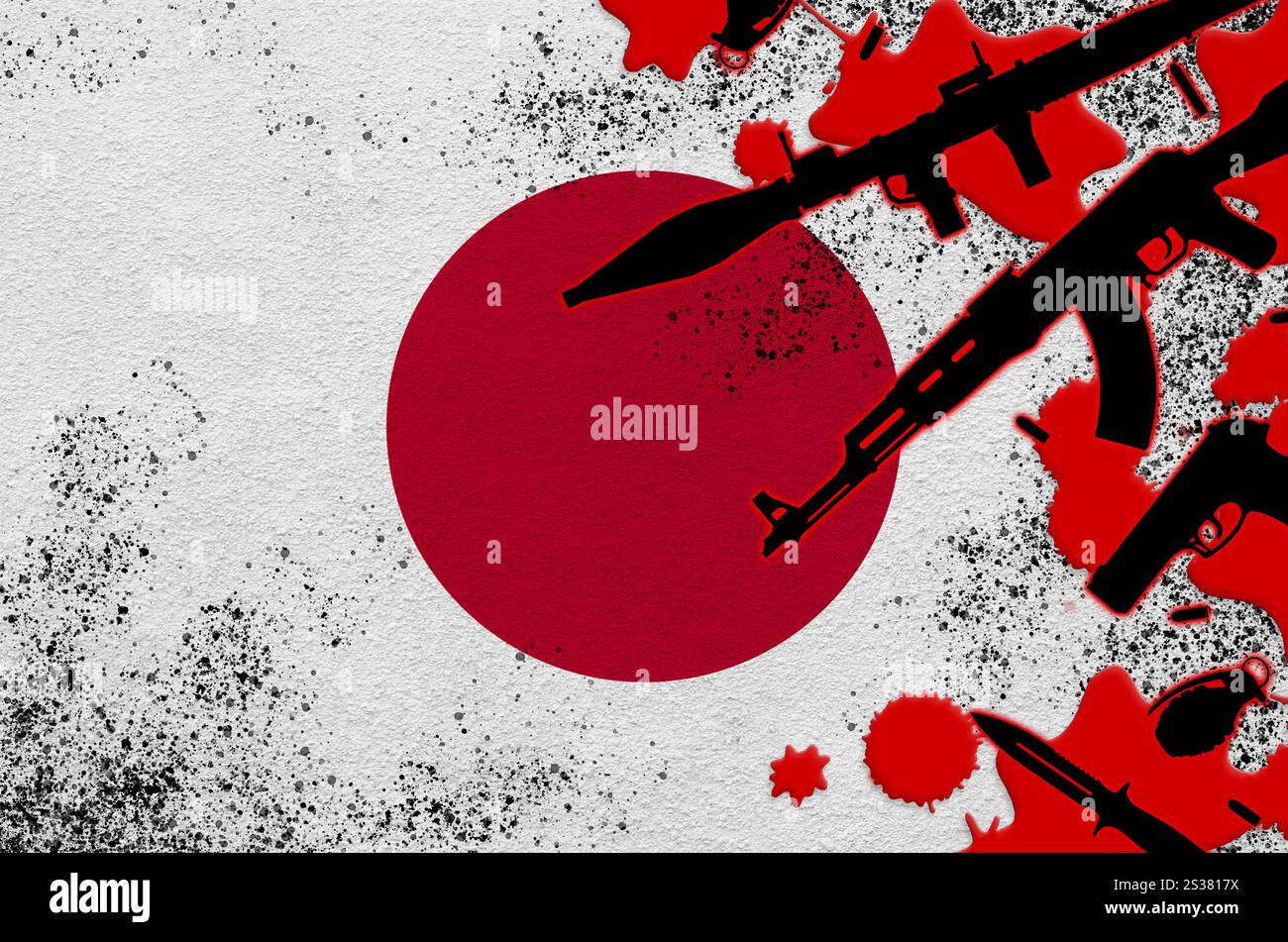 Japan flag and various weapons in red blood. Concept for terror attack ...