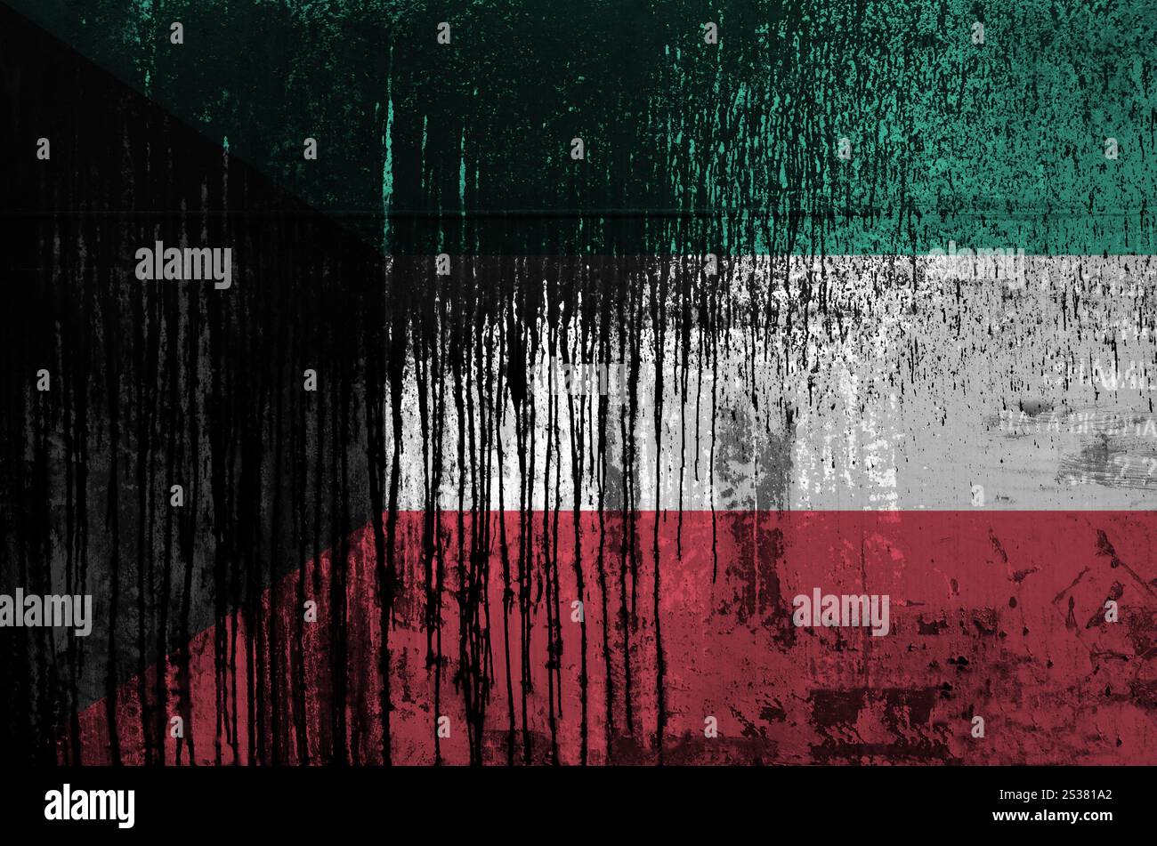 Kuwait flag depicted in paint colors on old and dirty oil barrel wall ...