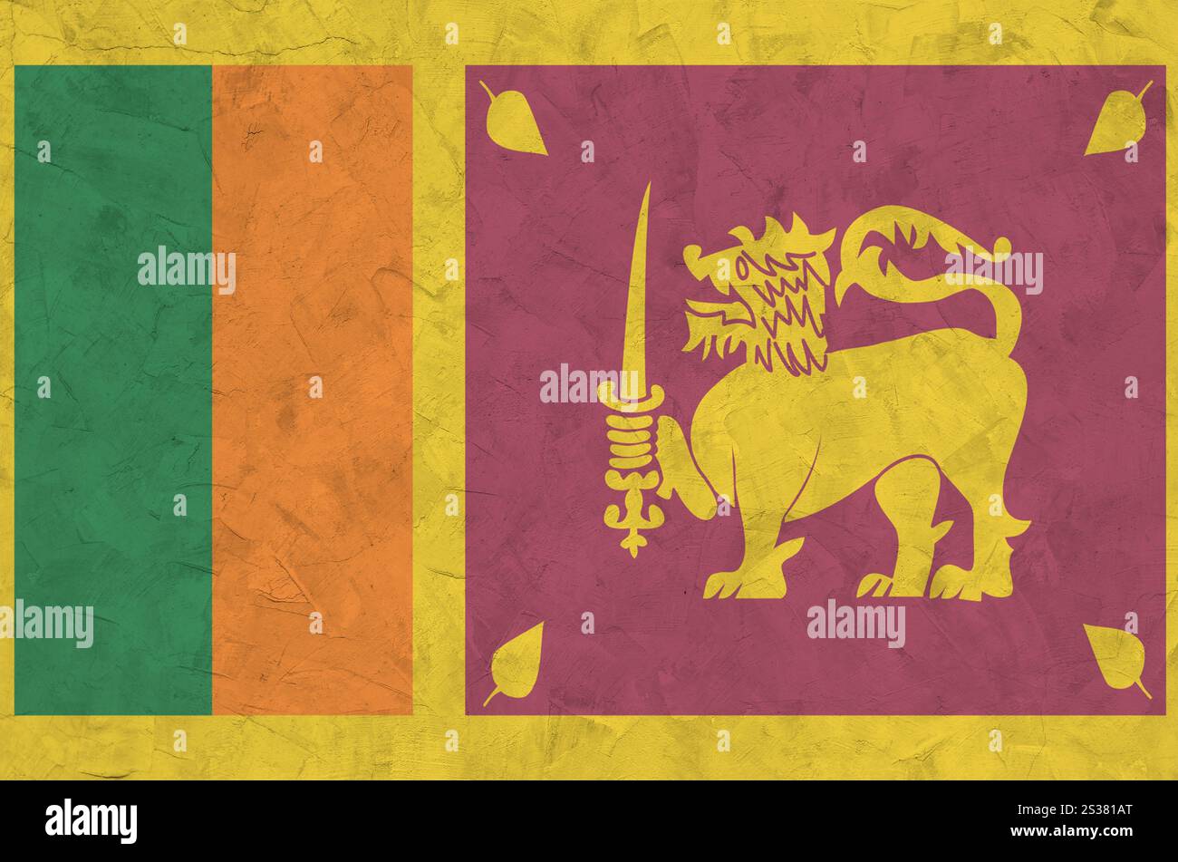 Sri Lanka flag depicted in bright paint colors on old relief plastering ...
