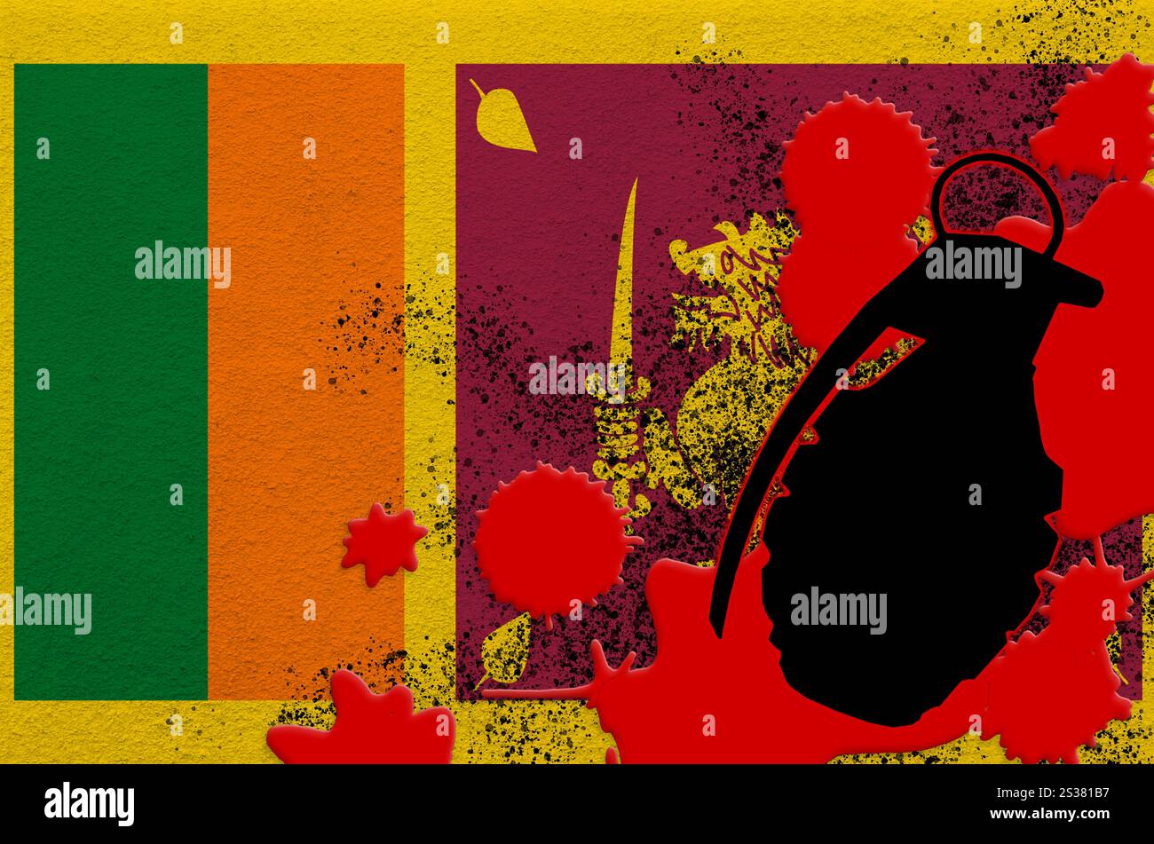 Sri Lanka flag and MK2 frag grenade in red blood. Concept for terror ...