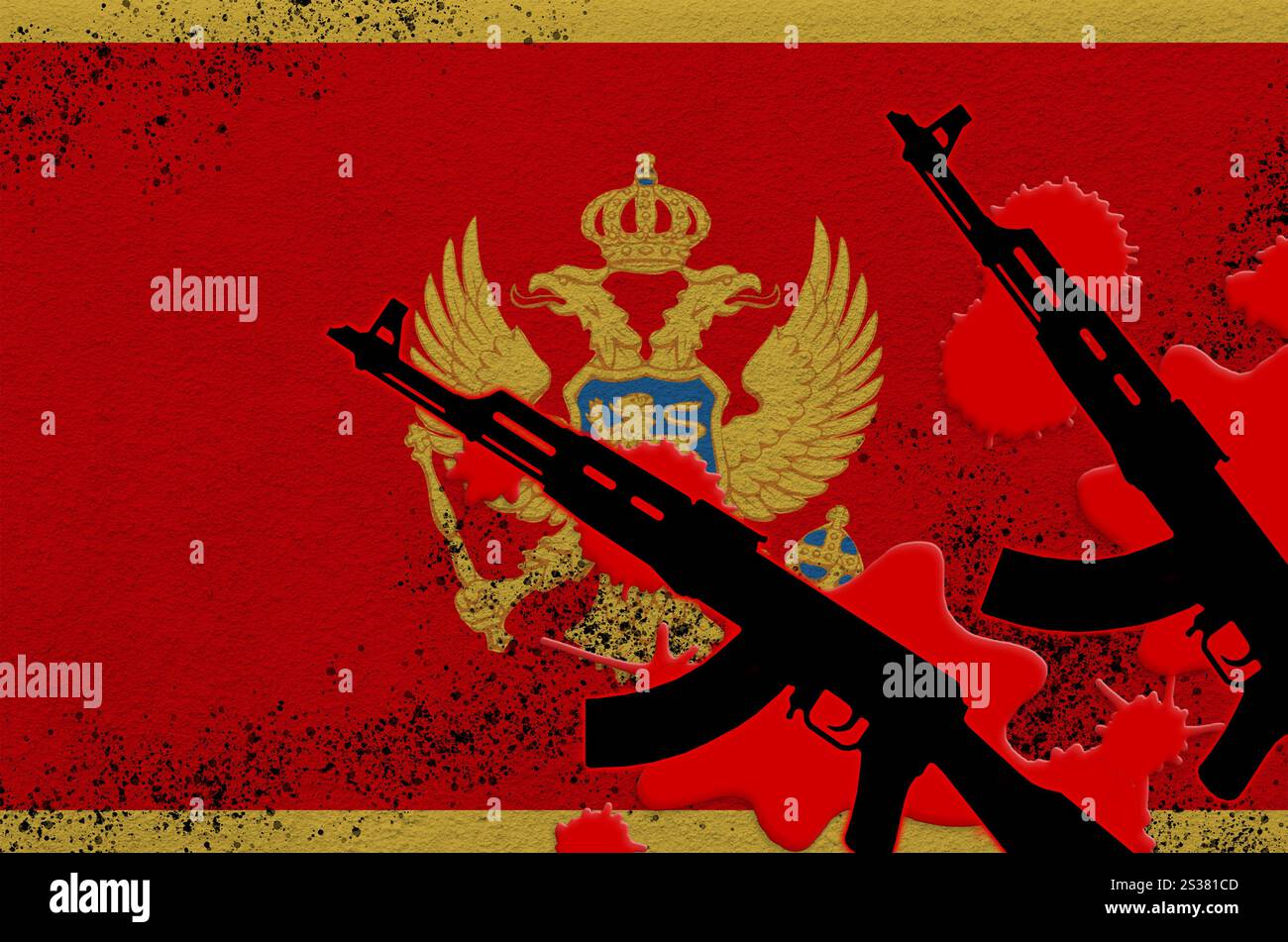 Montenegro flag and two black AK-47 rifles in red blood. Concept for ...