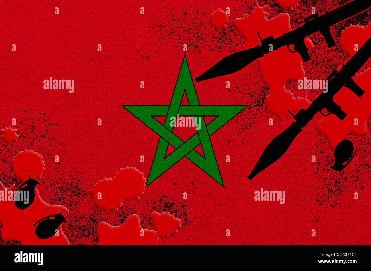 Morocco flag and rocket launchers with grenades in blood. Concept for ...
