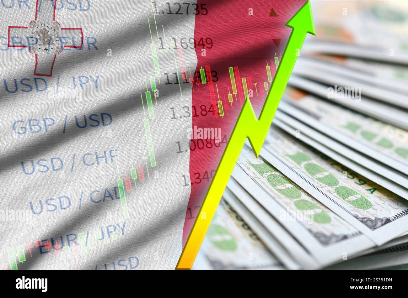 Malta flag and chart growing US dollar position with a fan of dollar ...