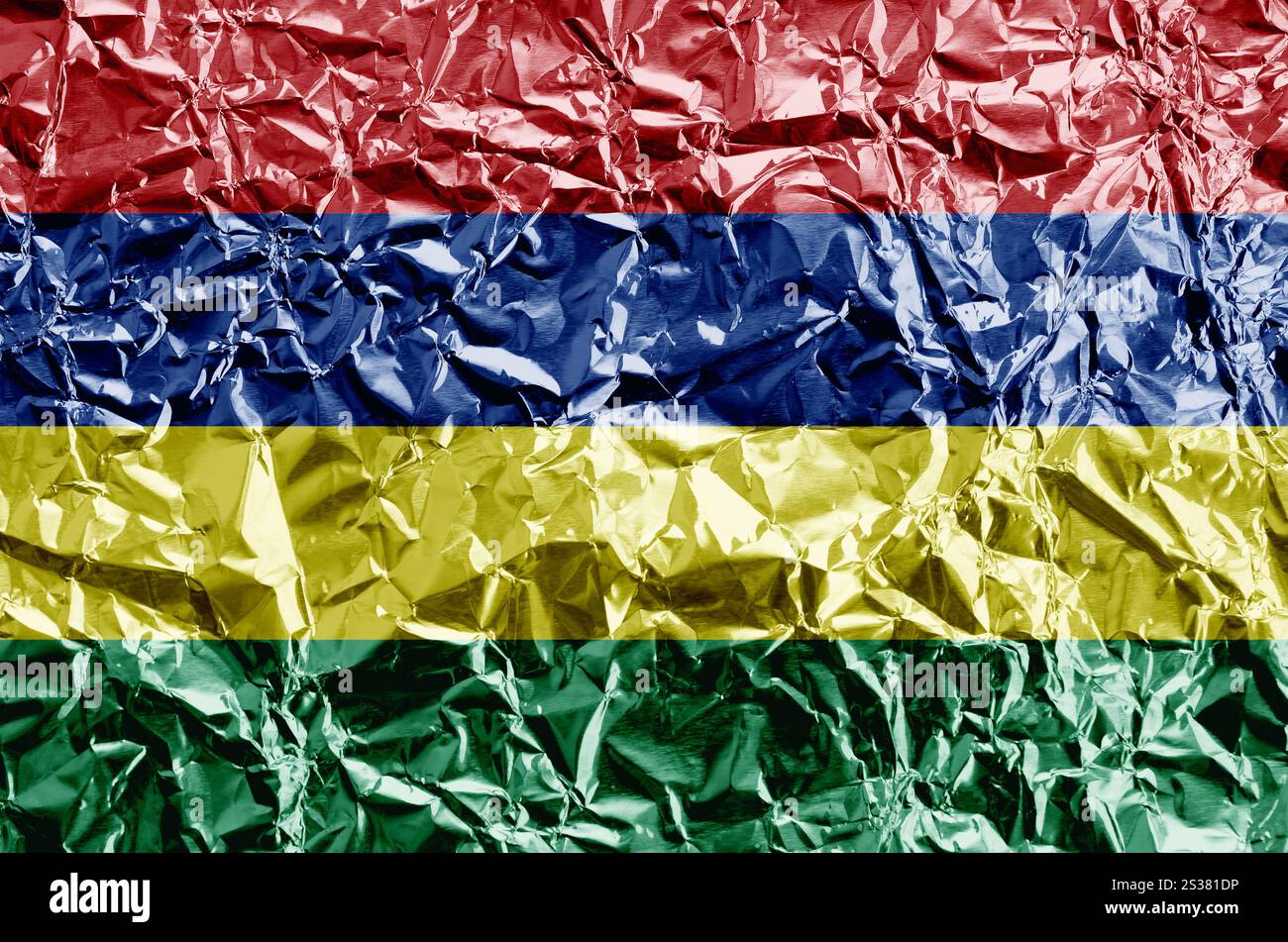 Mauritius flag depicted in paint colors on shiny crumpled aluminium ...