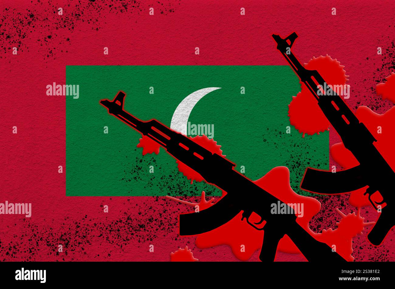 Maldives flag and two black AK-47 rifles in red blood. Concept for ...