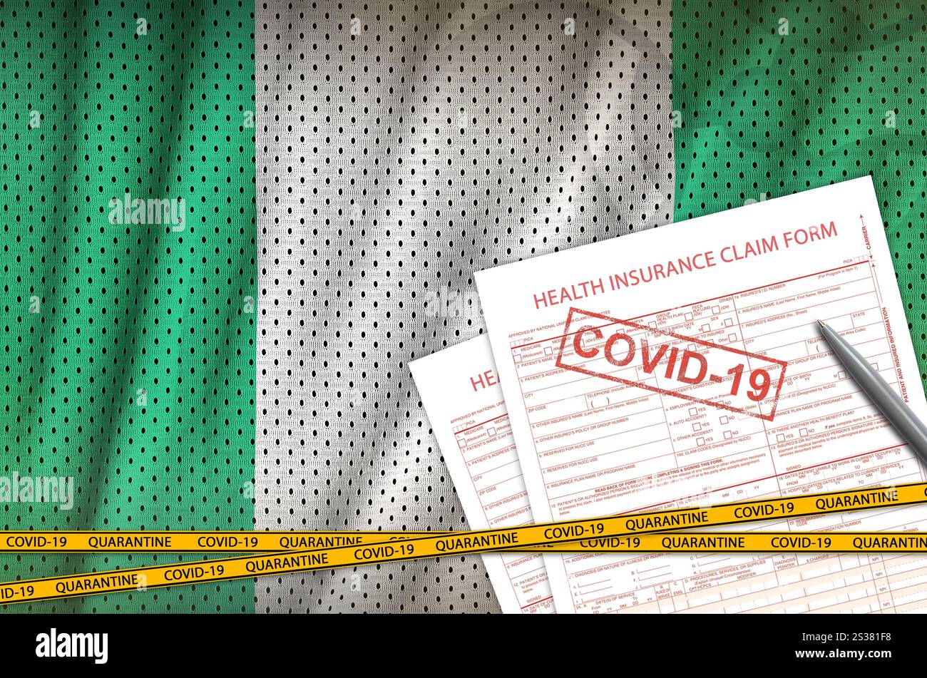 Nigeria flag and Health insurance claim form with covid-19 stamp ...