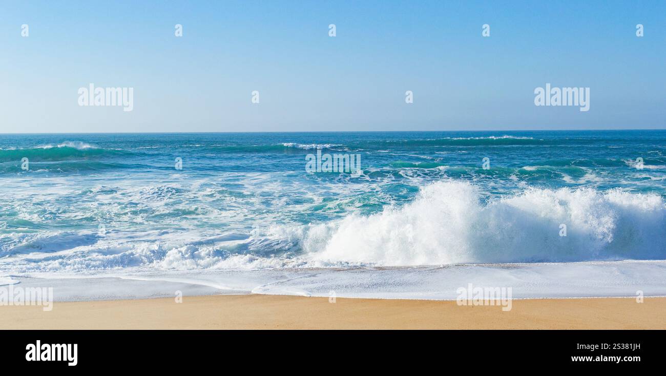 Beautiful ocean waves on a golden sand beach. Alone with nature ...