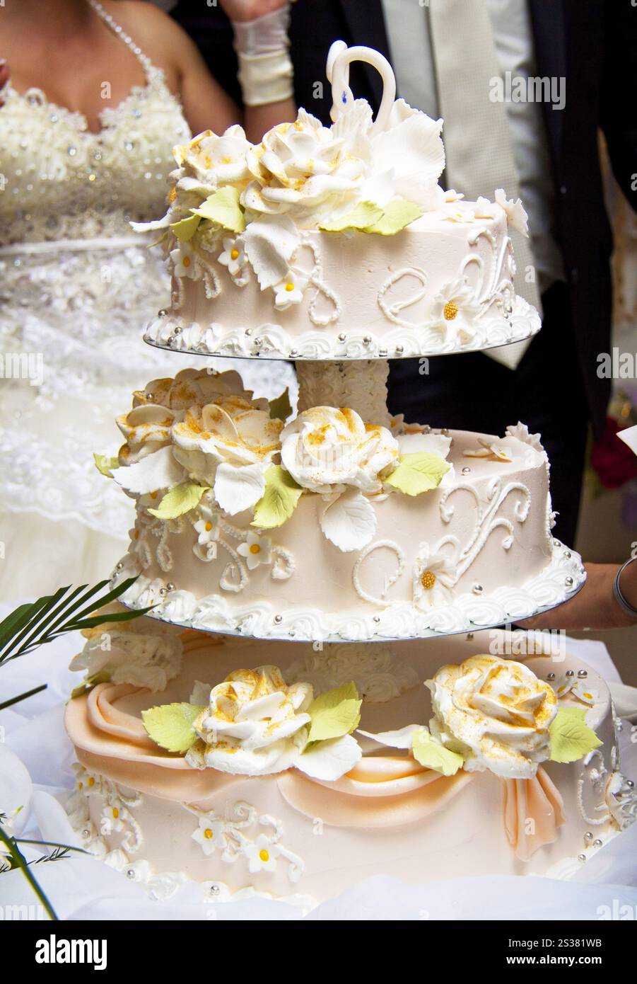 Beautiful wedding cake at a wedding reception. Beautiful wedding cake ...