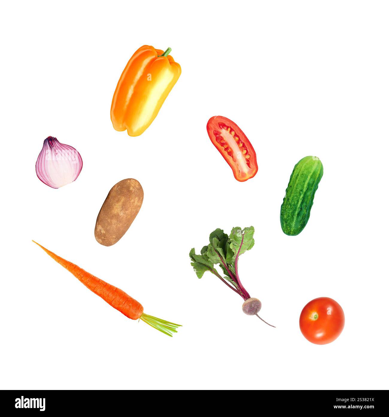 Falling fresh color vegetables isolated on white background. Falling ...