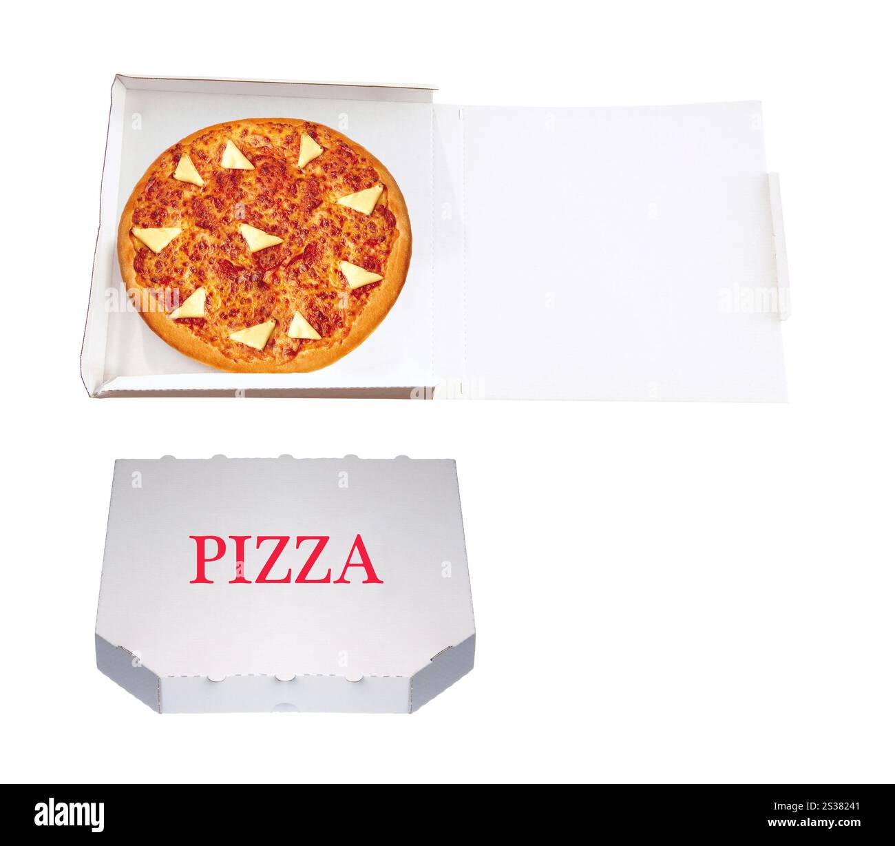 pizza in open paper box on white background. pizza in open paper box ...