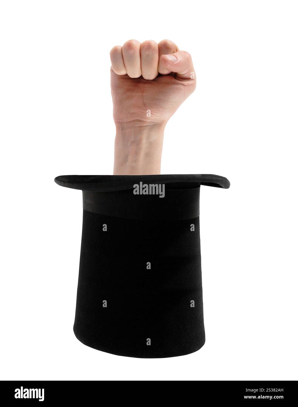 Black magic hat and hand isolated on a white background. Black magic ...
