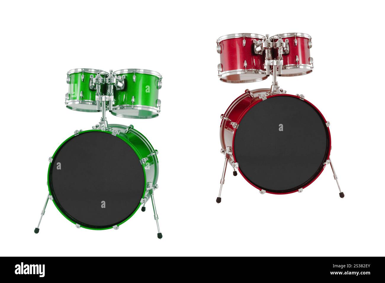 Set of Green and red drums isolated on white background. Set of Green ...