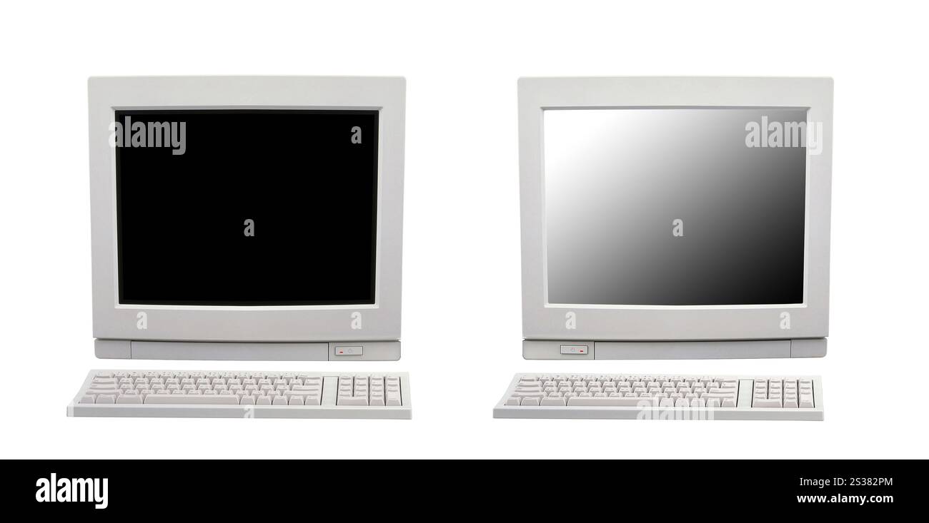 Vintage desktop computers isolated on white Stock Photo - Alamy