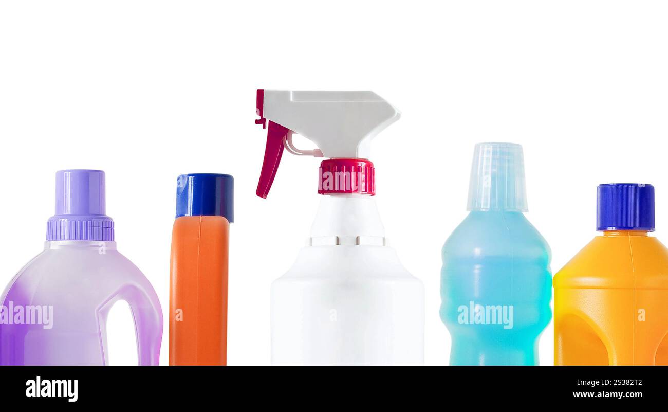 Colored plastic detergent bottles isolated on white background. plastic ...