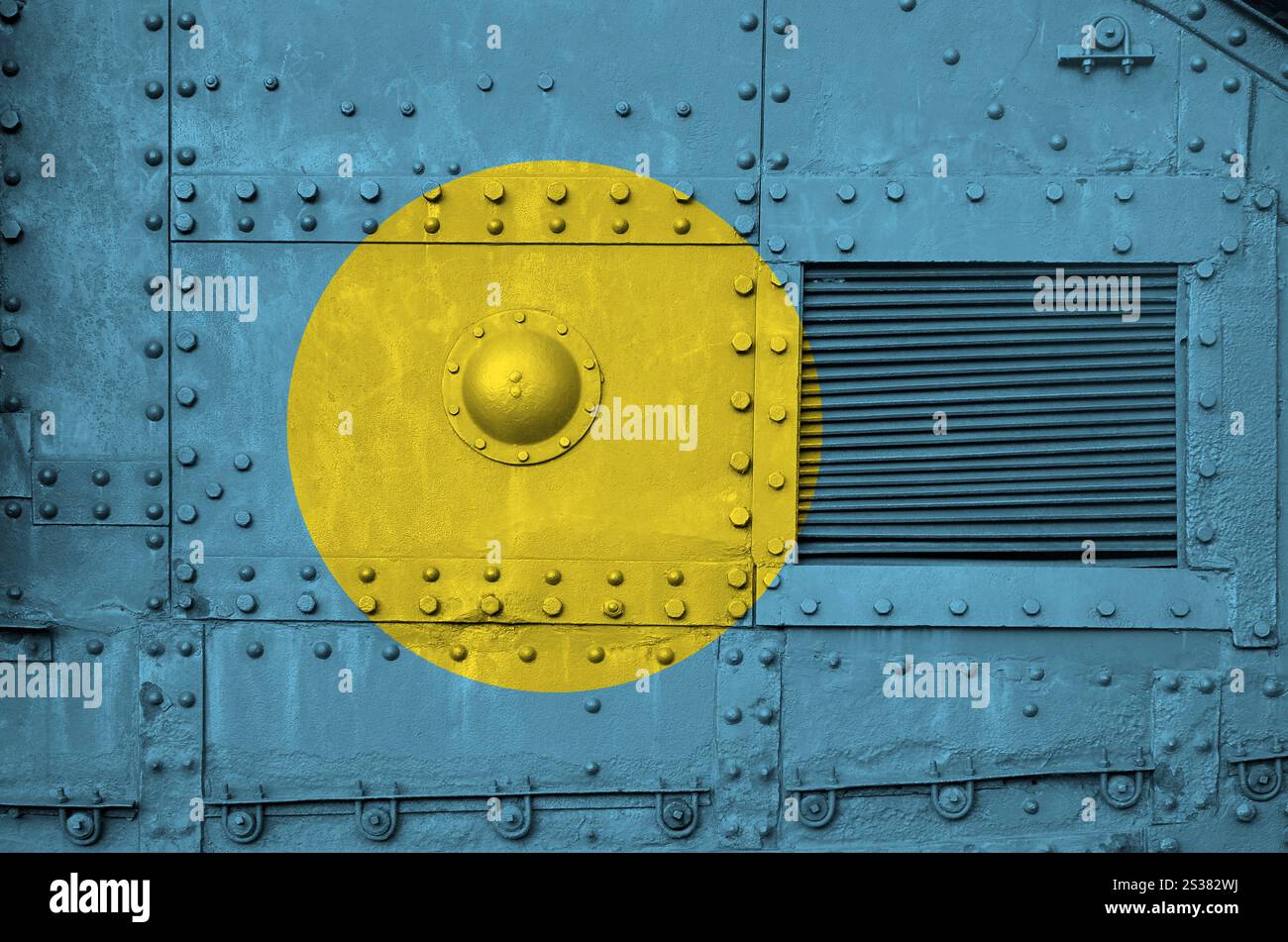 Palau flag depicted on side part of military armored tank close up ...