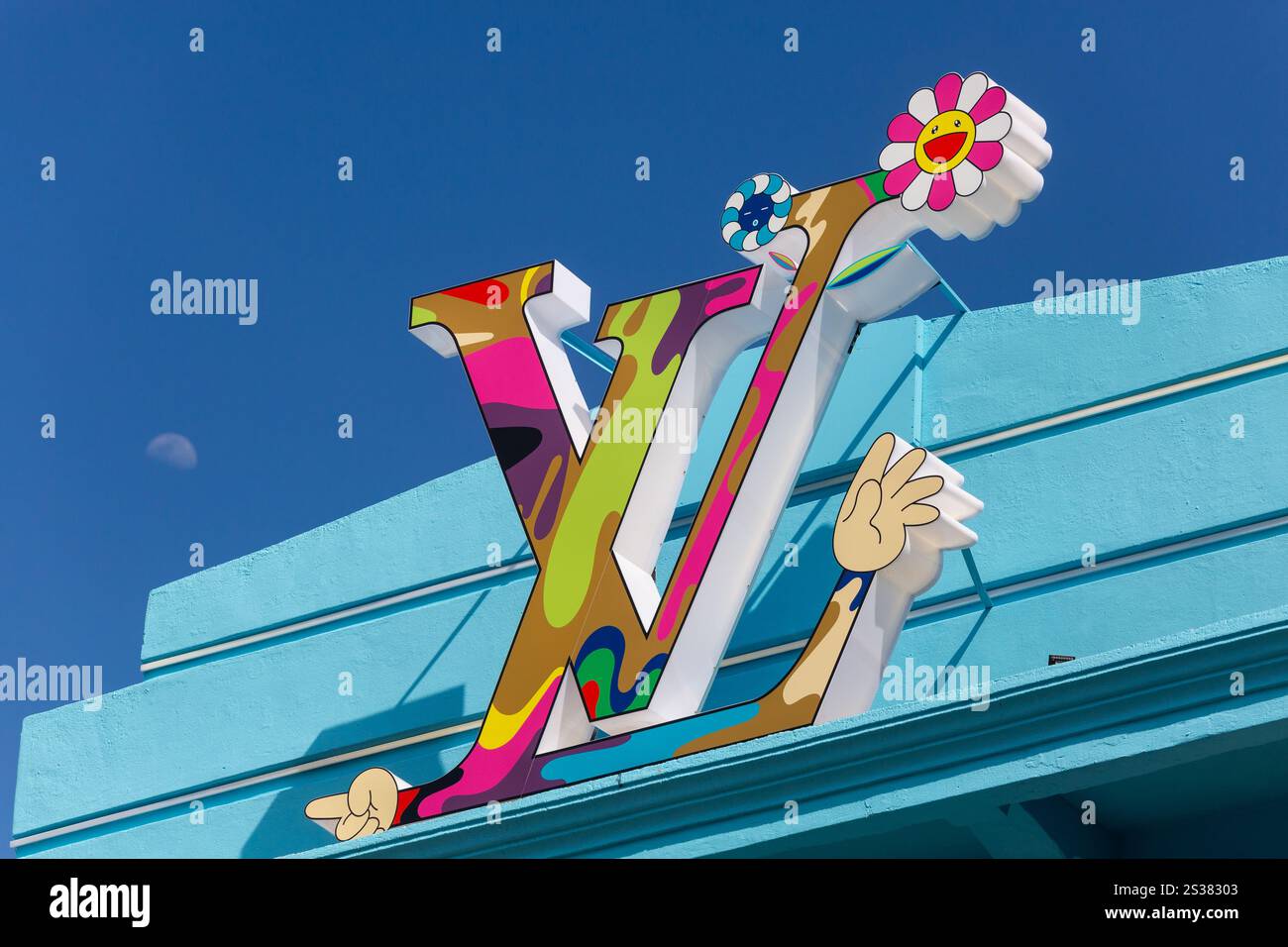 Close up multicoloured logo of Louis Vuitton collaboration with Takashi ...