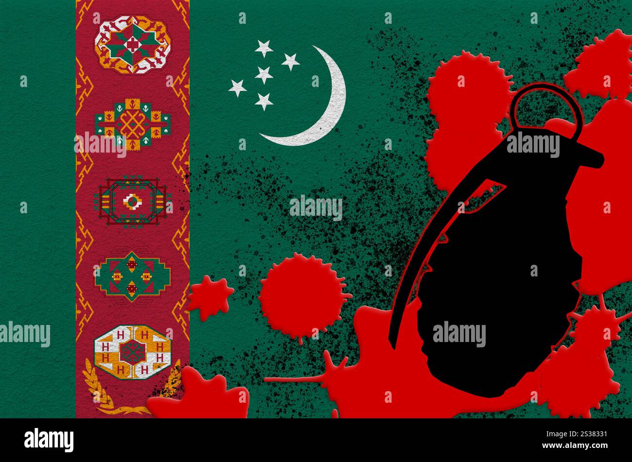 Turkmenistan flag and MK2 frag grenade in red blood. Concept for terror ...